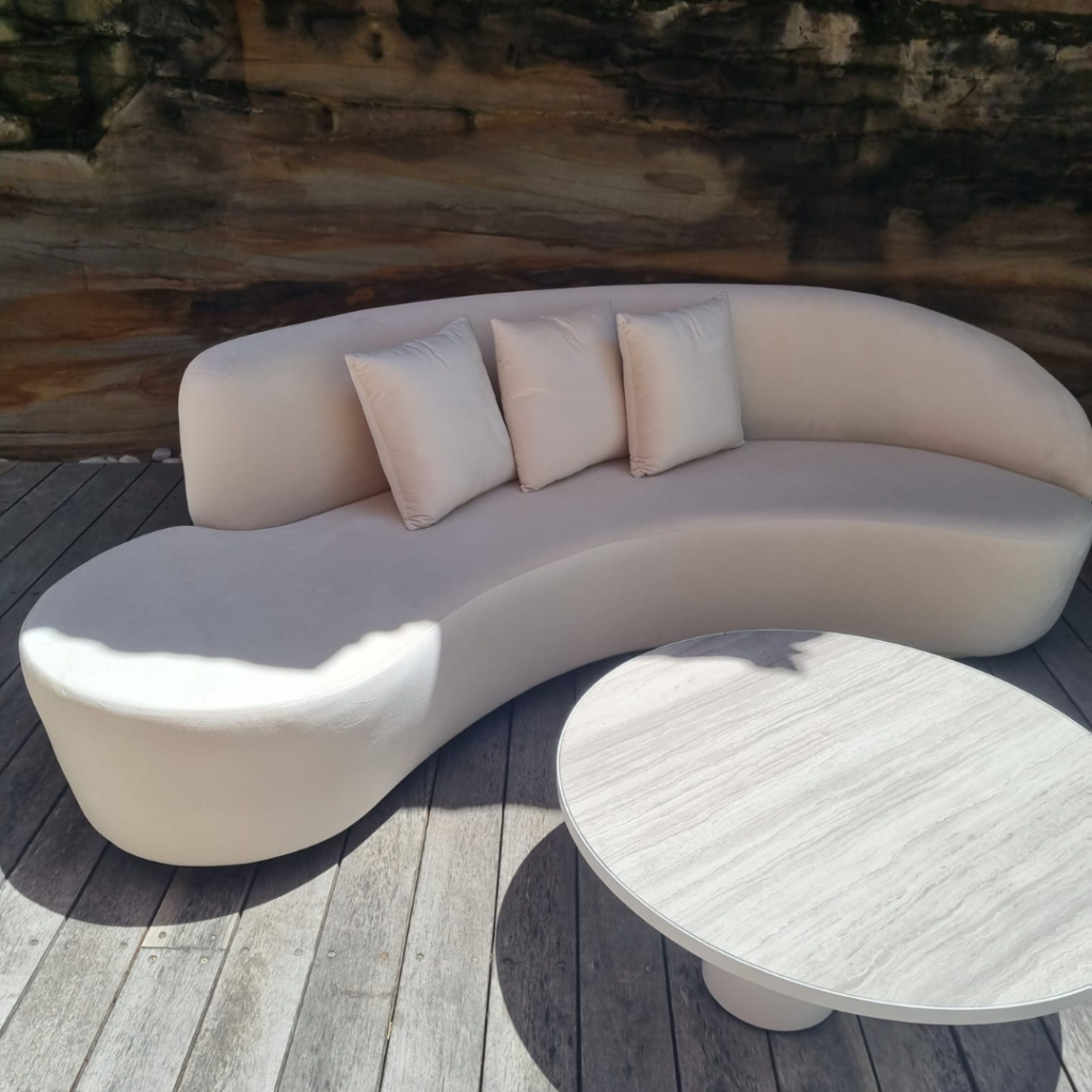 Beige Velvet Curved Sofa Lounge Furniture Hire